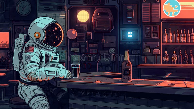 An Astronaut Relaxes at a Bar in a Zero-gravity Space Tourism Environment with a Drink Stock ...
