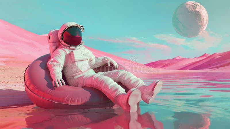 Astronaut Relaxing on Inflatable Ring in Surreal Pink Landscape with ...