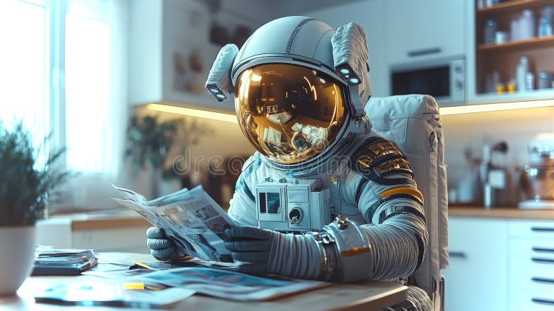 Astronaut Relaxing at Kitchen Table while Reading Newspaper in Cozy ...
