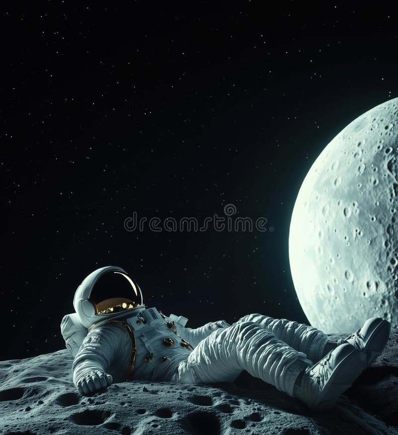 Astronaut Relaxing on Lunar Surface Under Starry Sky with Earth Visible ...
