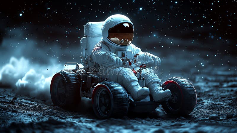 An Astronaut Rides a Lunar Rover on the Moons Surface Under a Starry ...