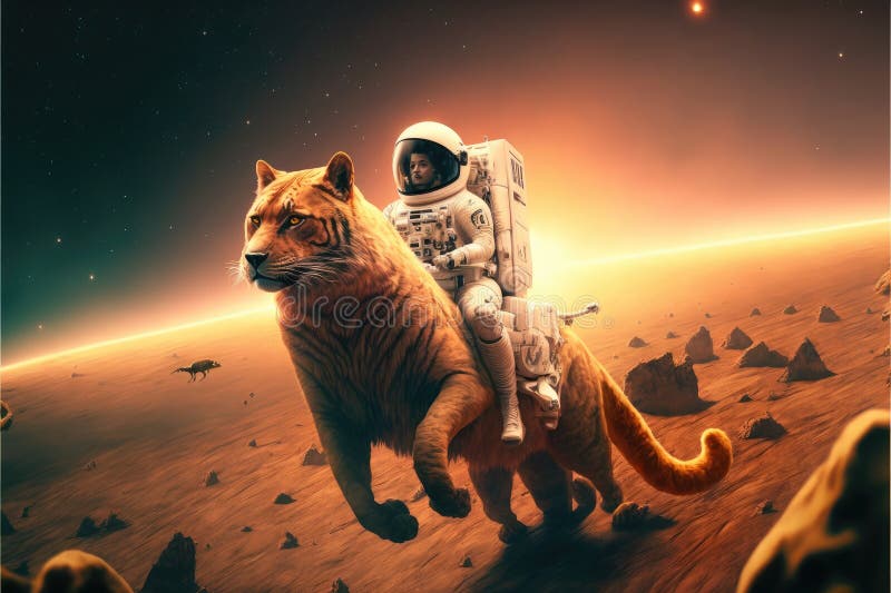 Astronaut Riding Big Cat on Mars Landscape. Concept of Orange Light on ...
