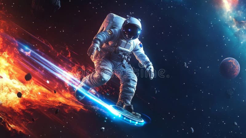 Astronaut Riding Hoverboard through Fiery Cosmic Space Stock Image ...