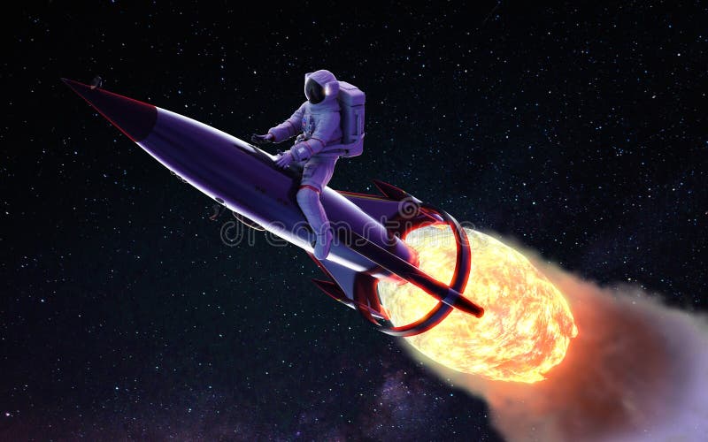 Astronaut Riding a Rocket, with Smoke, through the Cloud into the Space ...