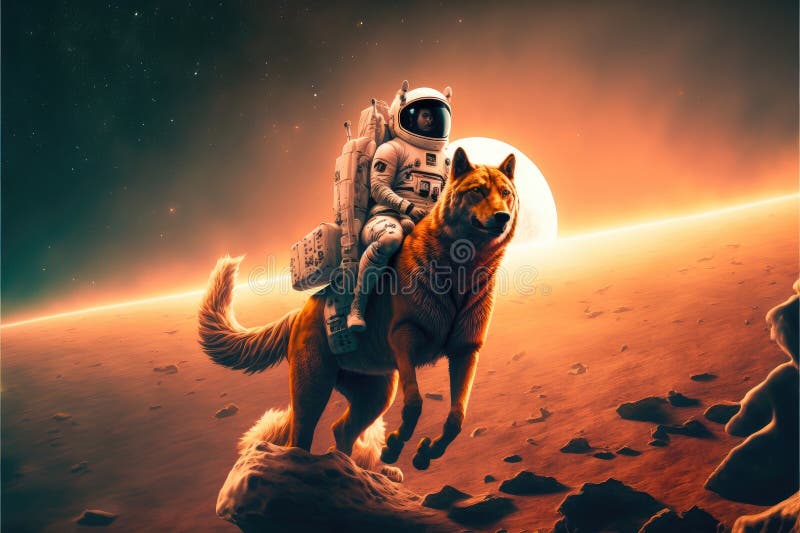 Astronaut Riding Wolf on Mars Landscape. Concept of Orange Light on ...