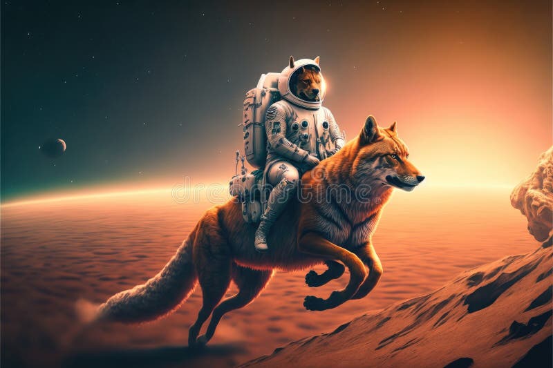 Astronaut Riding Wolf on Mars Landscape. Concept of Orange Light on ...