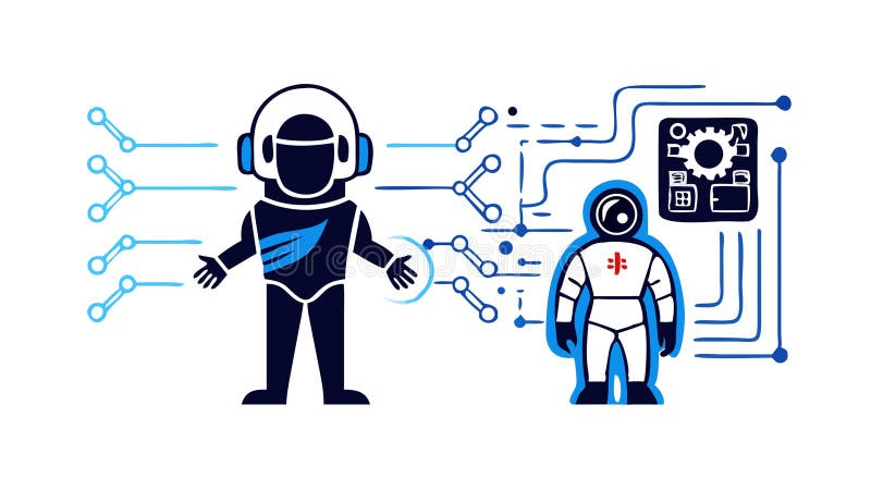 Astronaut and Robot Exploring Digital Frontier, Vector Design ...