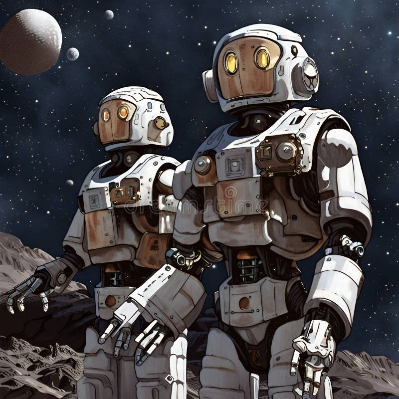 Astronaut Robot Illustration Background in Outer Space Moon Stock ...