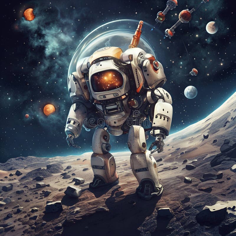 Astronaut Robot Illustration Background in Outer Space Moon Stock ...