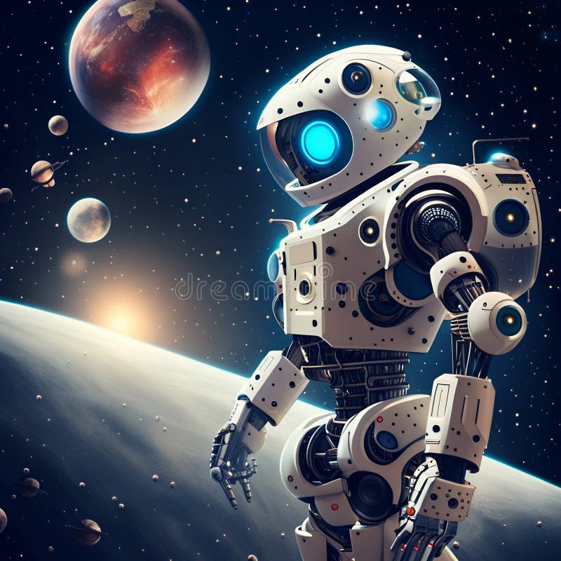 Astronaut Robot Illustration Background in Outer Space Moon Stock ...