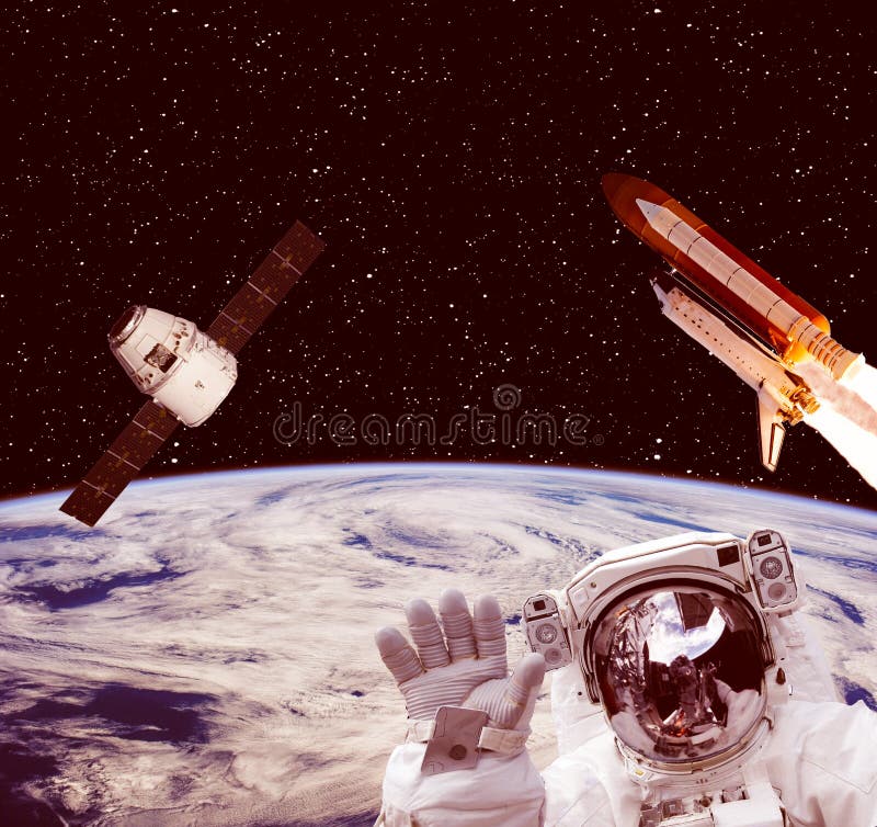 Astronaut, Rocket and View of the Earth from Space. the Elements of ...