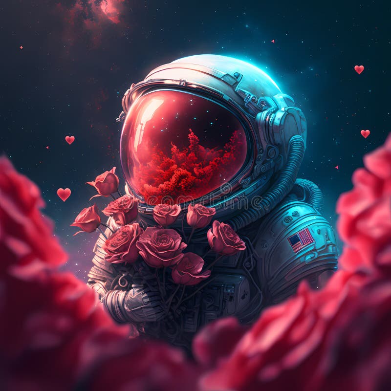 Astronaut in Space Holding Red Roses Stock Illustration - Illustration ...