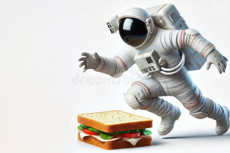 An Astronaut Running for a Huge Sandwich. Space for Text. Stock Photo ...