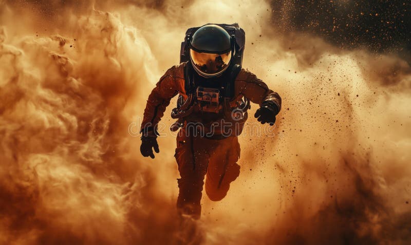 Astronaut Running through Orange Dust Clouds in Dramatic Space Environment Stock Photo - Image ...