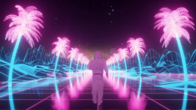 Astronaut Runs Surrounded by Flashing Neon Lights. Retro 80s Style ...