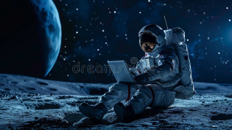 An Astronaut Seated on the Moon S Surface, Working on a Laptop Under a ...