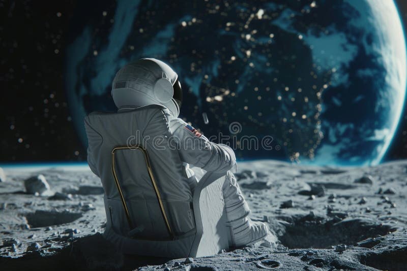 Astronaut Sits in a Chair on the Moon and Looks at Planet Earth Stock ...