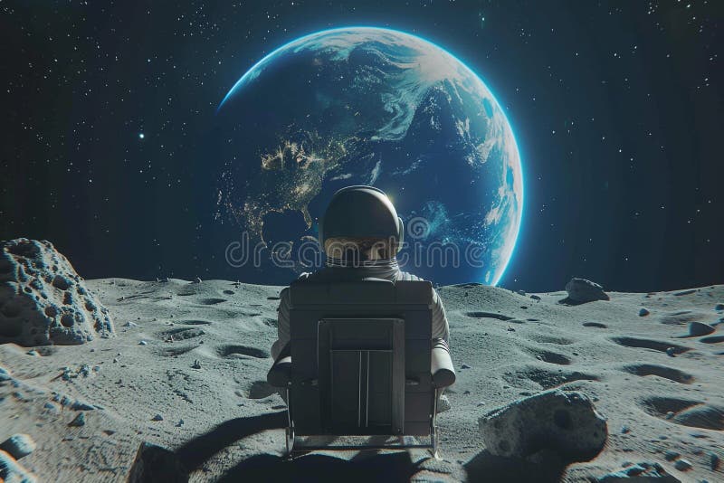 Astronaut Sits in a Chair on the Moon and Looks at Planet Earth Stock ...