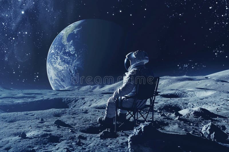 Astronaut Sits in a Chair on the Moon and Looks at Planet Earth Stock ...