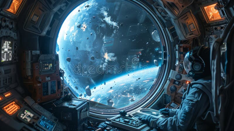 An Astronaut Sits at the Control Panel Inside a Spacecraft, Gazing ...