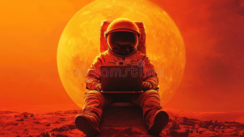 Astronaut Working on Laptop on Mars Red Planet Landscape Giant Sun ...