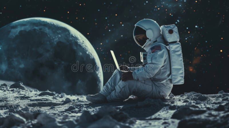 Astronaut Sits on the Moon Using a Laptop, Symbolizing Technology ...