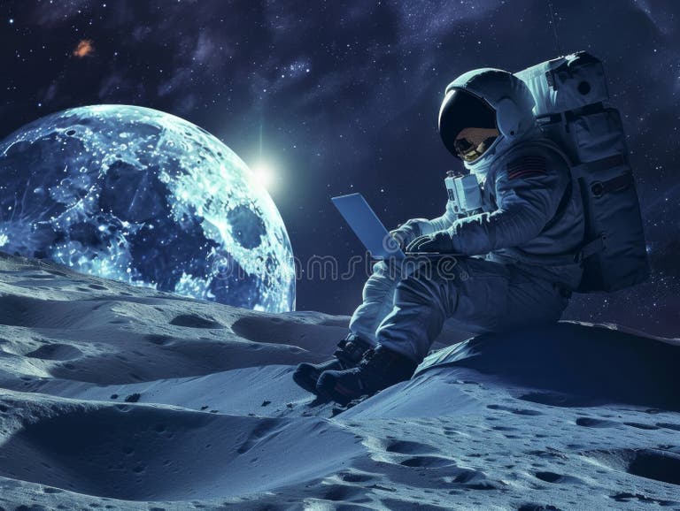 Astronaut Sits on the Moon Using a Laptop, Symbolizing Technology ...