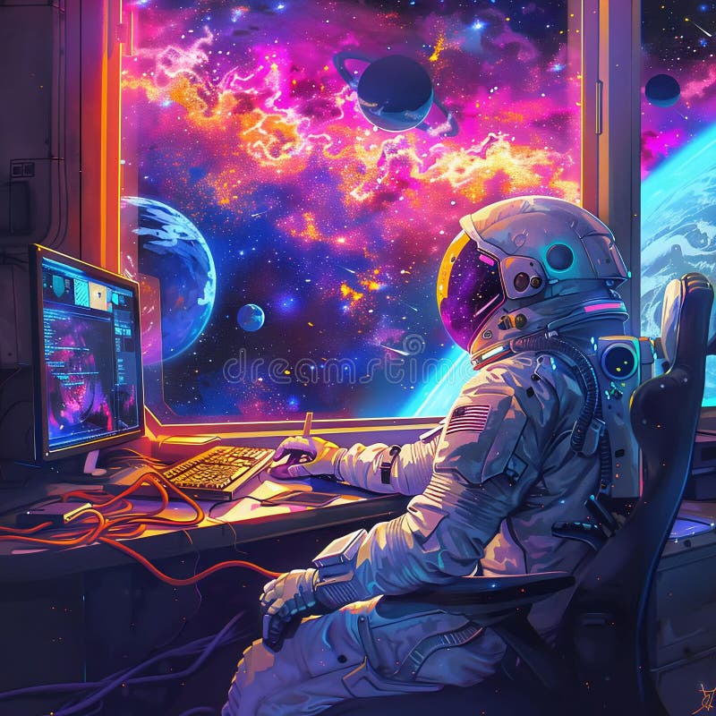 An Astronaut Sits at a Space Station Desk, Intensely Focused on a ...