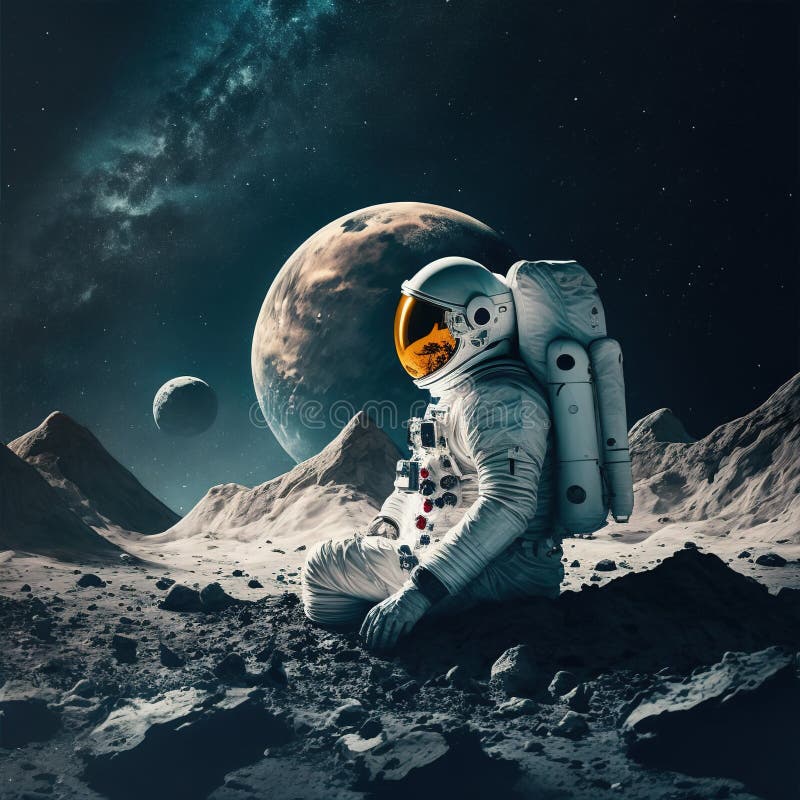 Astronaut Sitting on Moon and Admiring Planets, Created Using ...