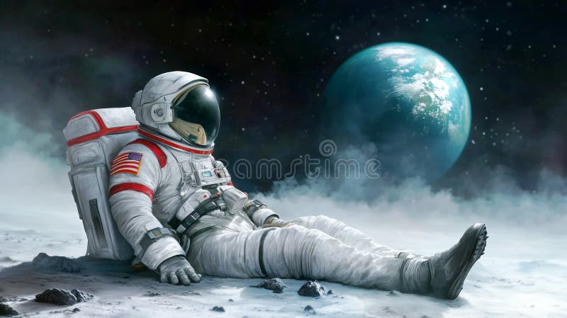 Astronaut Sitting on the Moon, Gazing at Earth Stock Illustration ...