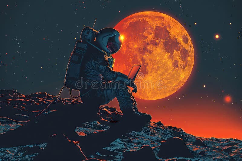 An Astronaut is Sitting on the Moon Working on His Laptop, in the Style ...