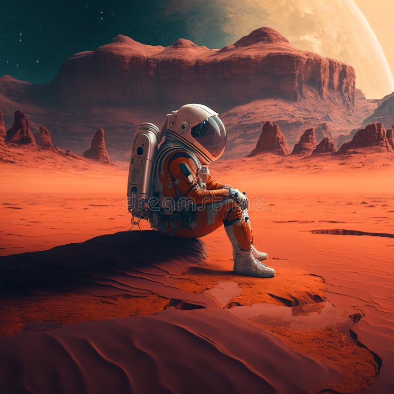 Astronaut Sitting on Planet Mars with Mountains, Created Using ...