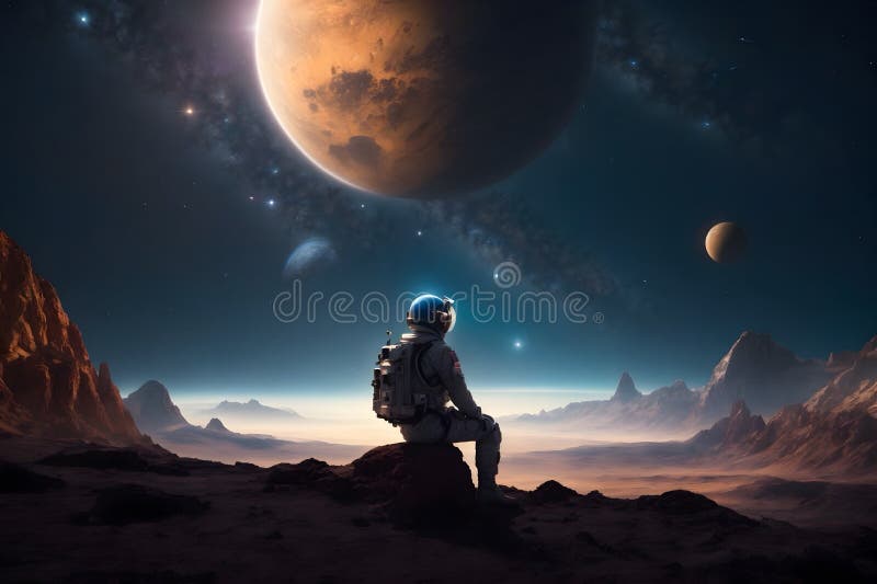 An Astronaut Sitting and Staring at the Sky on a Planet Stock Image ...