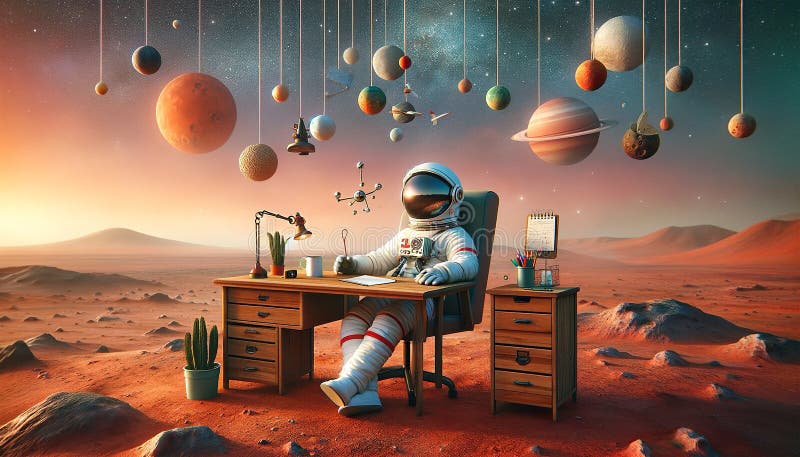 Astronaut Sitting at the Table with Planet Models on Mars at Sunset ...