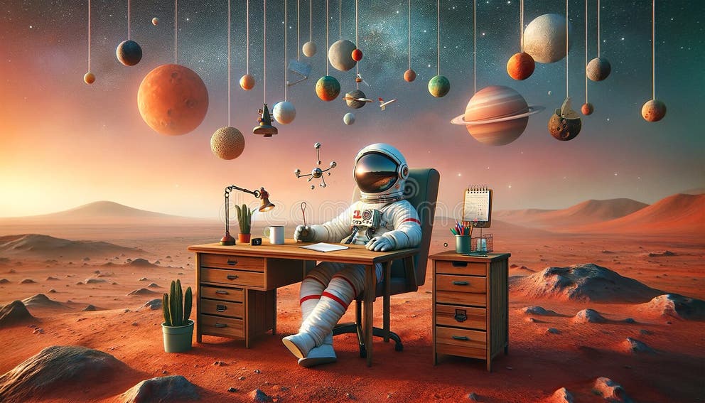 Astronaut Sitting at the Table with Planet Models on Mars at Sunset. Stock Illustration ...