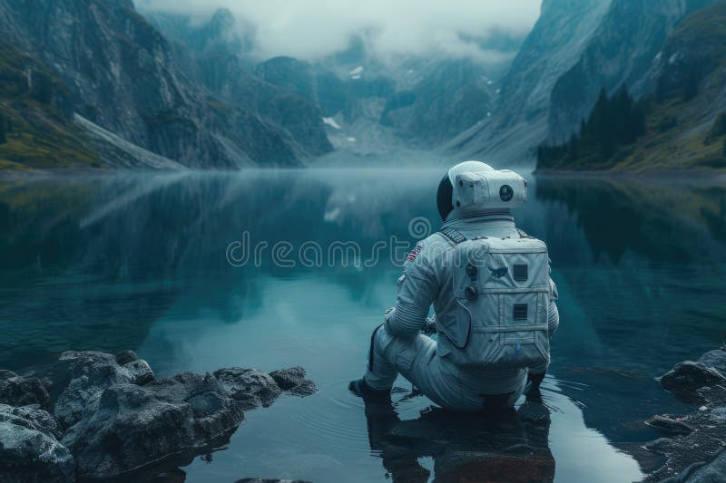 Astronaut Sitting by a Tranquil Mountain Lake. Concept of Solitude and ...