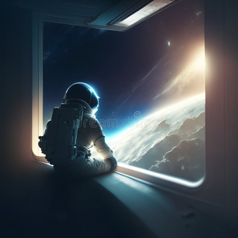 Astronaut Sitting in the Window of a Spaceship. 3D Rendering AI ...