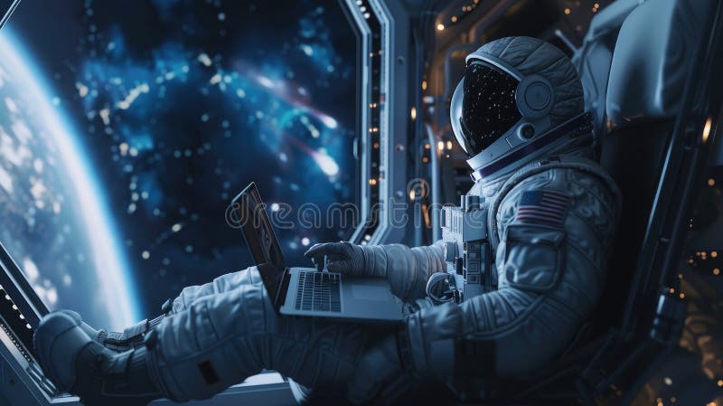 An Astronaut Sitting and Working with Laptop on the Side of a Space ...