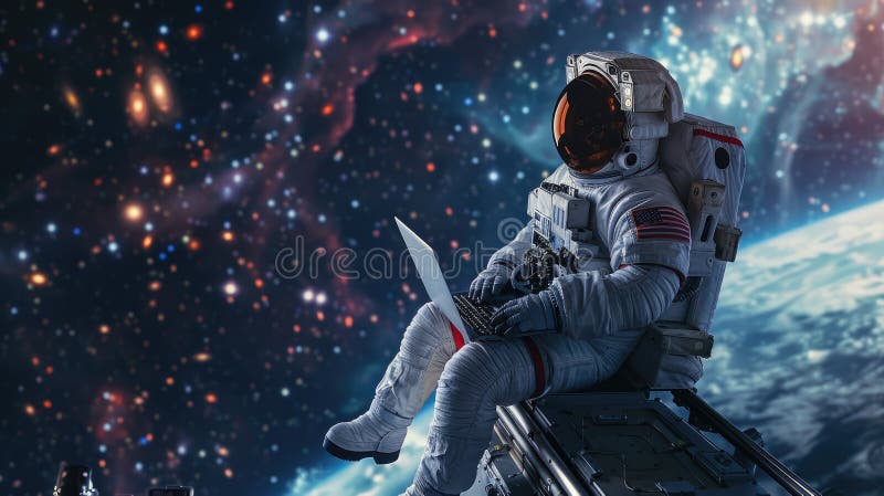 An Astronaut Sitting and Working with Laptop on the Side of a Space ...