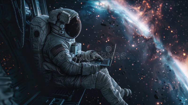 An Astronaut Sitting and Working with Laptop on the Side of a Space ...