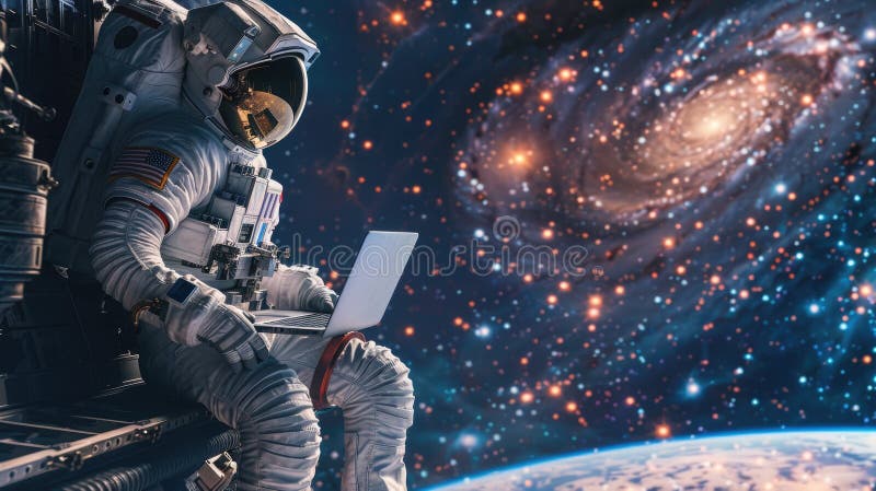An Astronaut Sitting and Working with Laptop on the Side of a Space ...