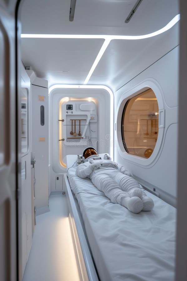 Astronaut Sleeping in a Space Stations Crew Quarters, Modern Design ...