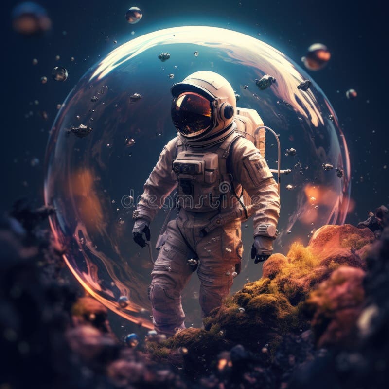 Astronaut in Space in a Bubble World Stock Illustration - Illustration ...
