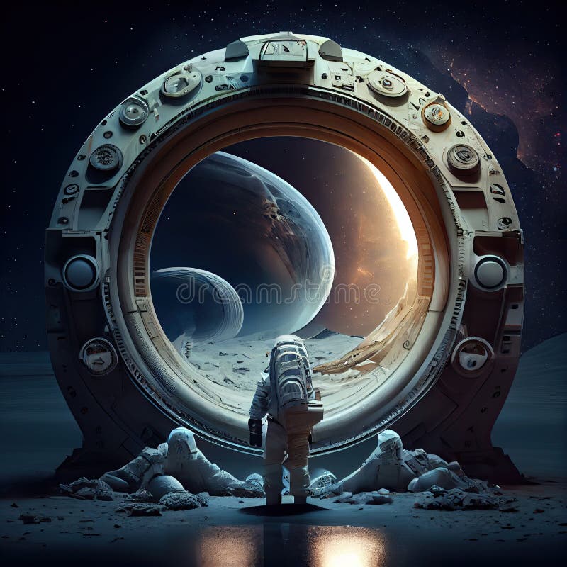 Astronaut in Space Coming Out of a Time Machine. Stock Illustration ...