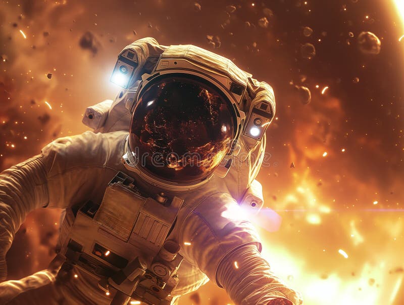 Astronaut in Space with Cosmic Fire Background Stock Photo - Image of ...