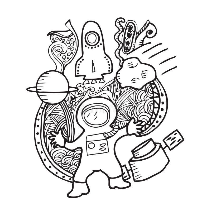 Astronaut and space doodle stock vector. Illustration of design - 52497305