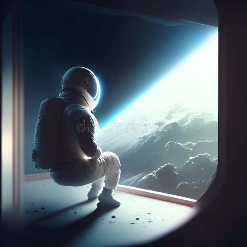 Astronaut in Space Looking Out of Window. 3D Rendering AI Generated ...