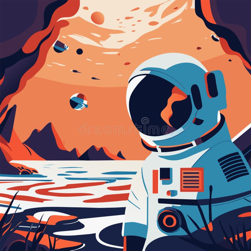 Astronaut and Mars Rover Exploring Mars Planet, Cartoon Vector ...