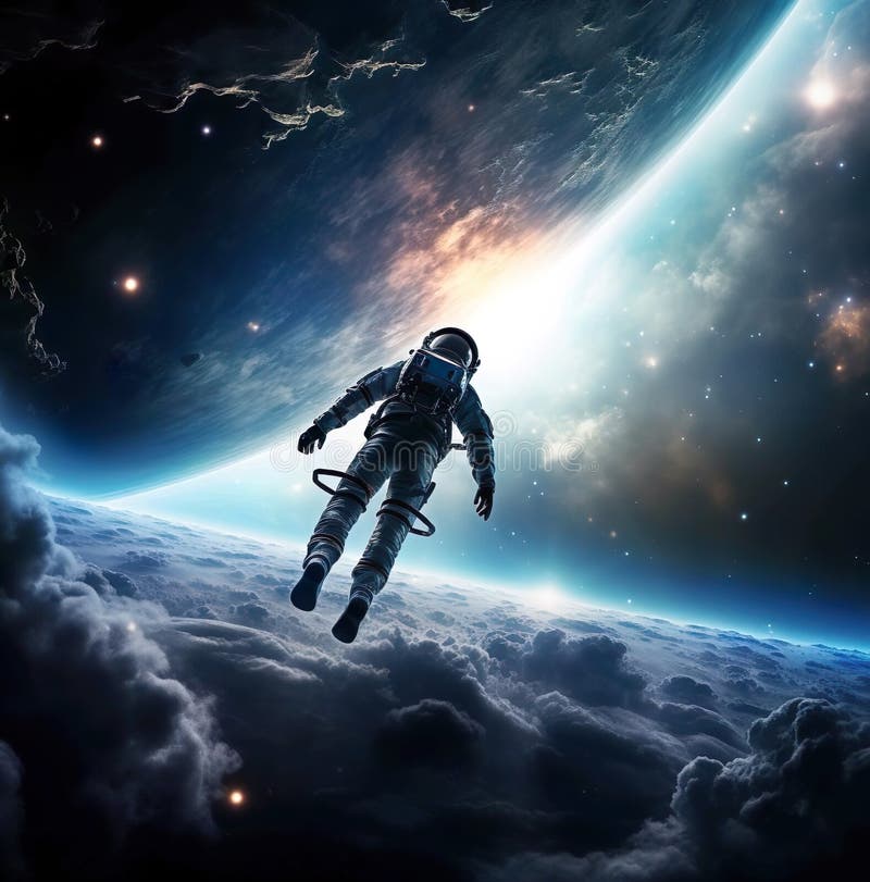 Astronaut on the Space with Planet, Smoke and Light Scene View Stock ...