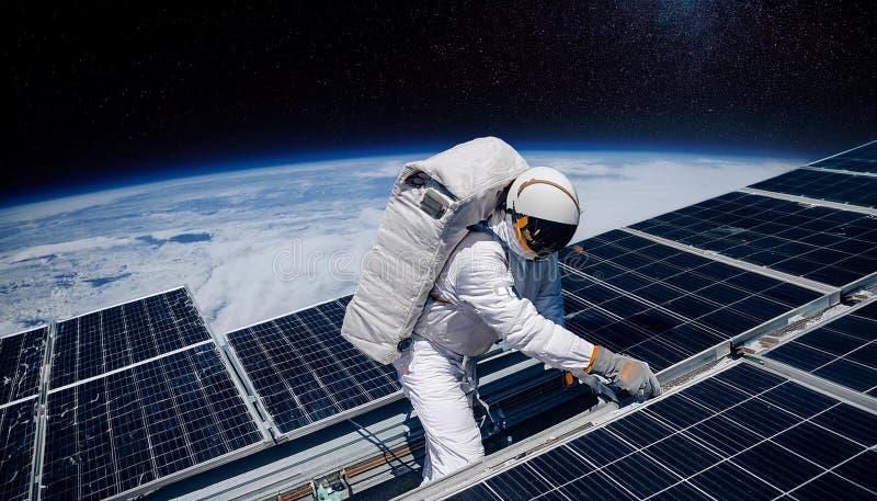 Astronaut in Space Repairing Solar Panels on Rocket Stock Illustration ...